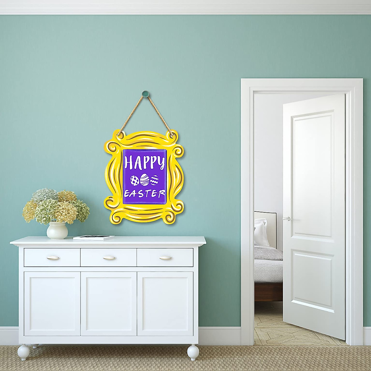 Happy Easter and Eggs Sign Welcome Large Hanging Sign Door Decor with Rope for Easter Party Garden, Yard Spring Home Decorations