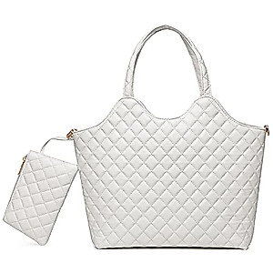 Barabum Lightweight Quilted Tote Purse Women Handbags Wallet Bag Shoulder Bag Top Handle Satchel Purse Set(White)