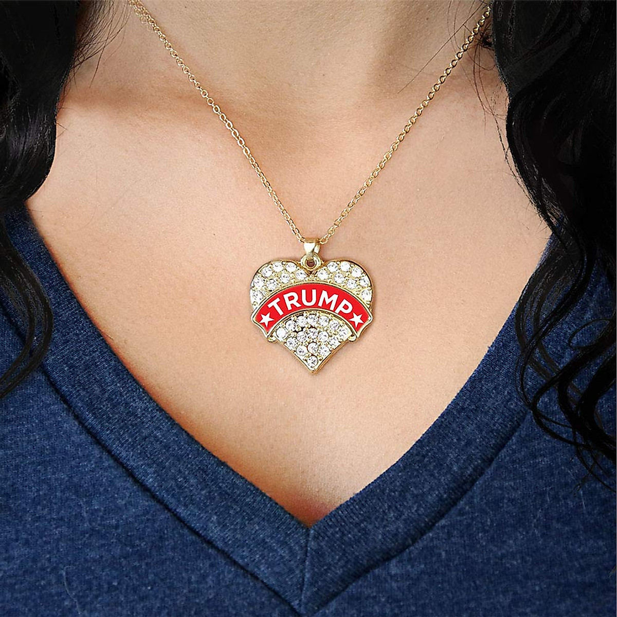 Inspired Silver - Trump Supporter Charm Necklace for Women - Gold Pave Heart Charm 18 Inch Necklace with Cubic Zirconia Jewelry