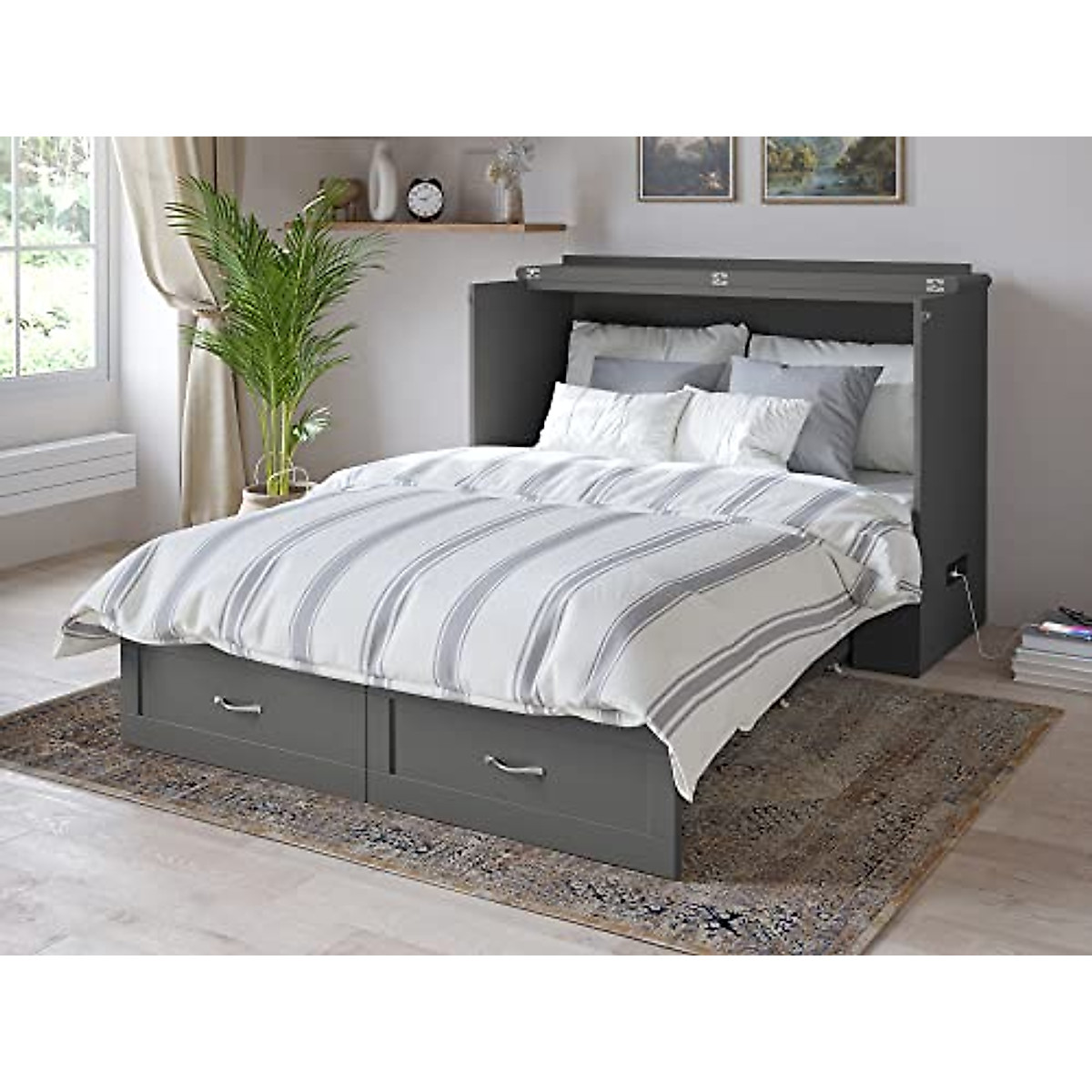 AFI, Hamilton Murphy Bed Chest with 6 inch Memory Foam Folding Mattress, Built-in Charging Station and Storage Drawer, Full, Grey