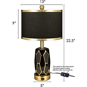 workluurop Set of 2 Touch Control Table Lamps for Bedroom Livingroom,Modern Black/White Ceramic Lamp with USB Ports,Bedside Nightstand Lamp with Fabric Drum Lampshade,Blubs Included(Black)