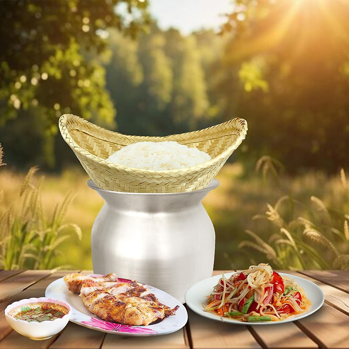 PANWA Sticky Rice Cooking Set Bamboo Steamer Basket with 24’’ Cheesecloth, Wicker lid, and Kratip Chocolate Toned