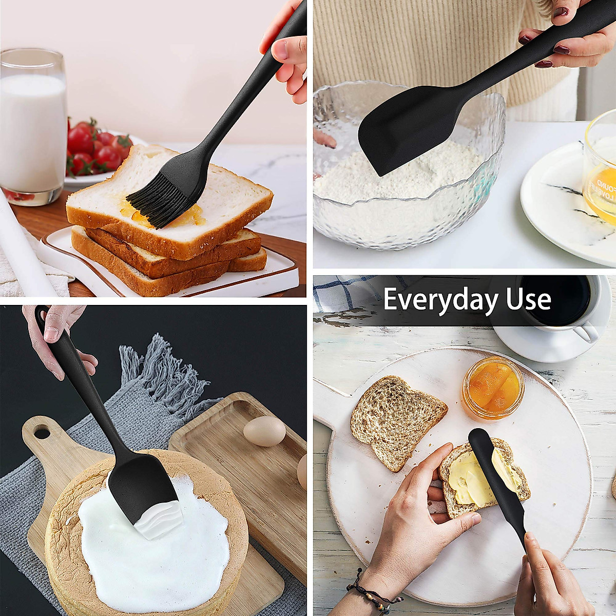 LIANYU 15-Piece Kitchen Cooking Utensils Set with Holder, Silicone Kitchen Tools Stainless Steel Handle, Slotted Spatula Spoon Turner Tong Whisk Brush for Cooking, Black