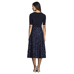 Alex Evenings Women's Tea Length Jersey and Rosette Lace Dress (Petite and Regular), Navy Tie Front, 6