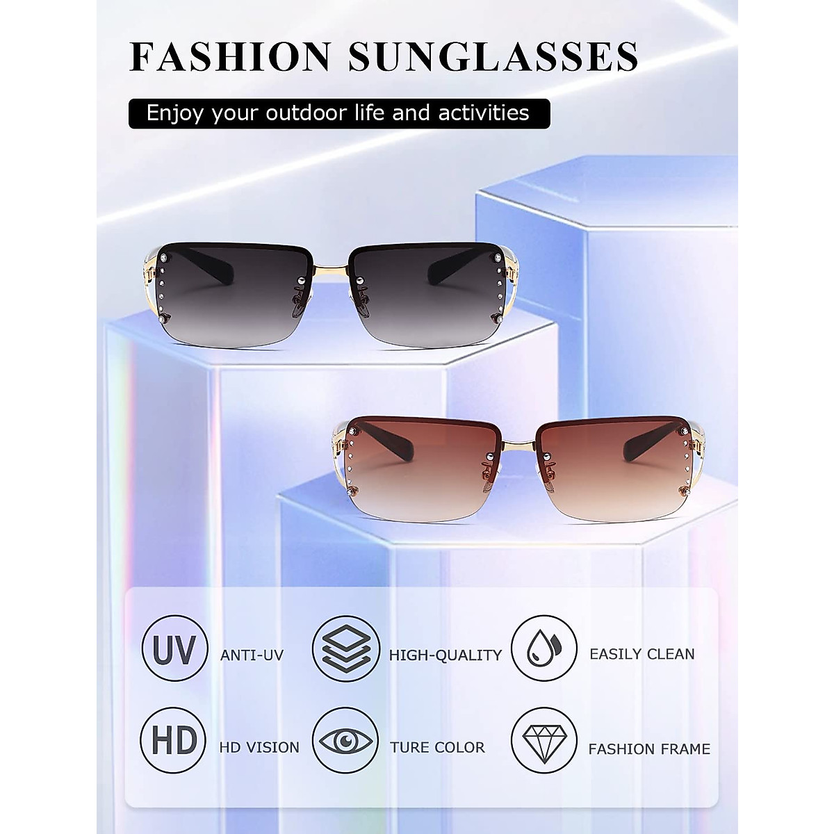 kimorn Rectangle Sunglasses for Women Men Stylish Rimless Frameless Trendy Retro Sun Glasses 90’s Vintage Square Frame K1314 (Gold Frame Gradient Brown & Grey Lens)