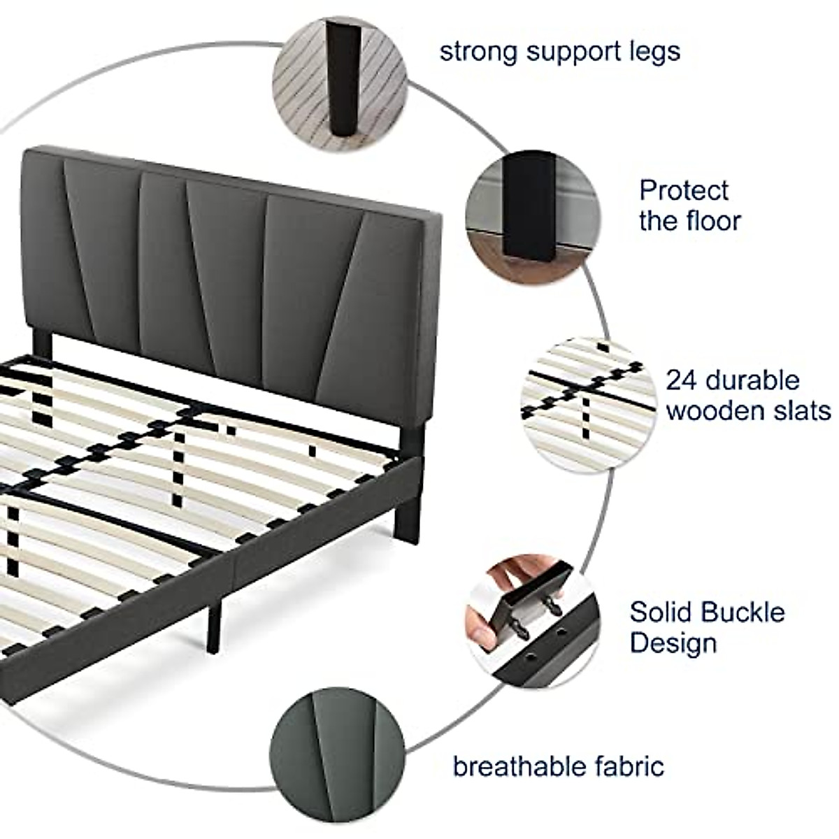 Molblly Queen Bed Frame with Tufted Headboard,Upholstered Platform Bed with Headboard and Strong Wooden Slats,No Box Spring Needed,Easy Assembly,Dark Gray