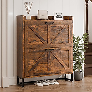 MU Shoe Storage Cabinet with 2 Flip Drawers, Freestanding Shoe Rack Cabinet with Metal Legs, Hidden Shoe Organizer Cabinet for Entryway, Living Room, Rustic Brown