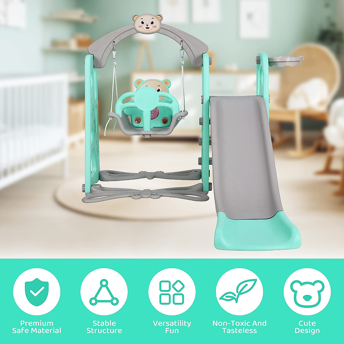 Arlopu Toddler Slide and Swing Set, 4 in 1 Kids Play Climber Slide Playset w/Basketball Hoop Extra Long Slide Extra Ball, Baby Swing for Indoor Outdoor Playground, Easy Set-Up, 3 Years Old (Fiery)