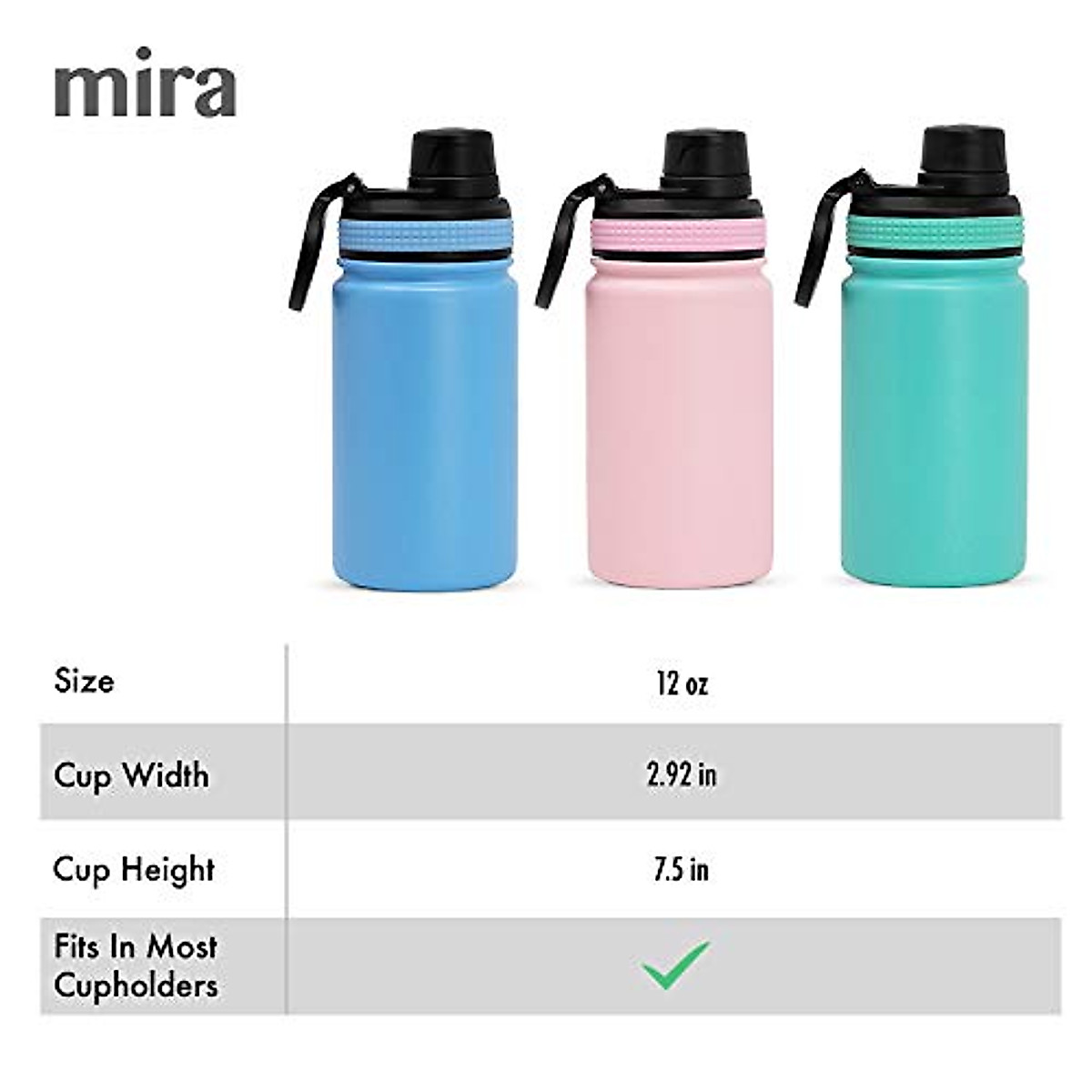 MIRA 12 oz Stainless Steel Kids Water Bottle - Metal Thermos Flask Keeps Cold for 24 Hours, Hot for 12 Hours - Double Wall Vacuum Insulated - Leak Proof BPA-Free Lid - Teal