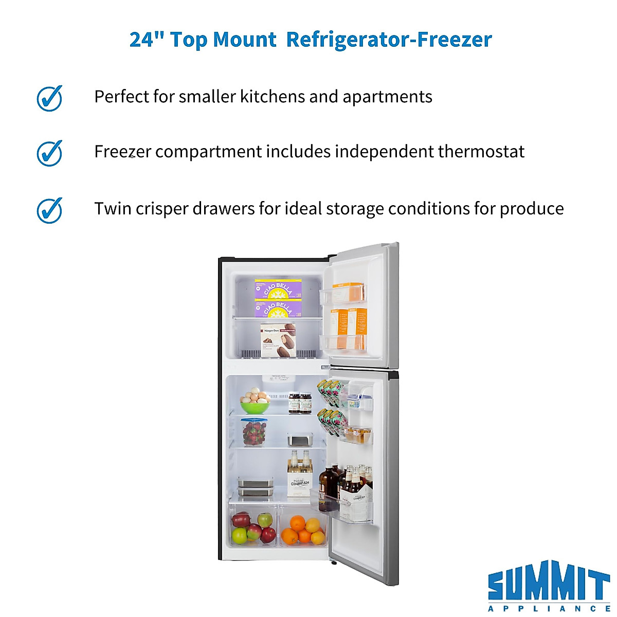 Summit FF1089PL 24” Top Mount Refrigerator-Freezer - Stainless Steel Look