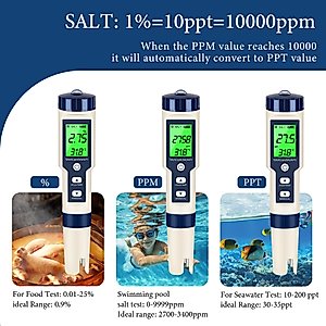 PH Meter & TDS Meter Digital Water Tester 5 in 1 Salinity Tester PH Temp EC and TDS Meter,PH Meter for Water with LCD Backlit,Water Testing Kits for Drinking Water,Wine,Swimming Pool,Hot Tub Spas.