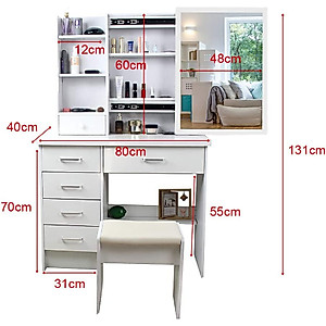 saicheng White Dressing Table with Sliding Lighted Mirror, Makeup Vanity Set with 5 Storage Drawers Shelves, Dresser Desk & Cushioned Stool Set for Bedroom