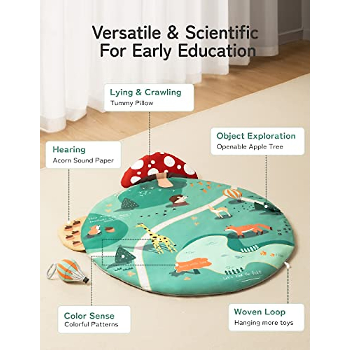 Baby Play Mat, Besrey 7 in 1 Thicker Baby Play Gym, 5 Zoo Theme Developmental Toys Tummy Time Mat, 2 Replaceable Washable Mat Cover, Soft Pillow & Cushion, Activity Gym Mat for Toddler Infant Newborn