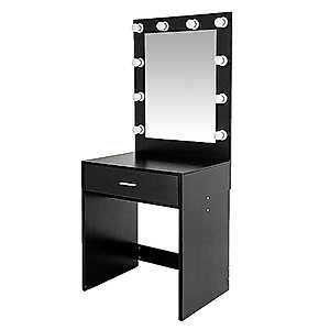 KJNS Vanity Wood Makeup Dressing Table Stool Set W/Drawer &Mirror Desk Black Vanity Desk Makeup Vanity Side Tables Bedroom Vanity Table Portable Desk Vanity Set