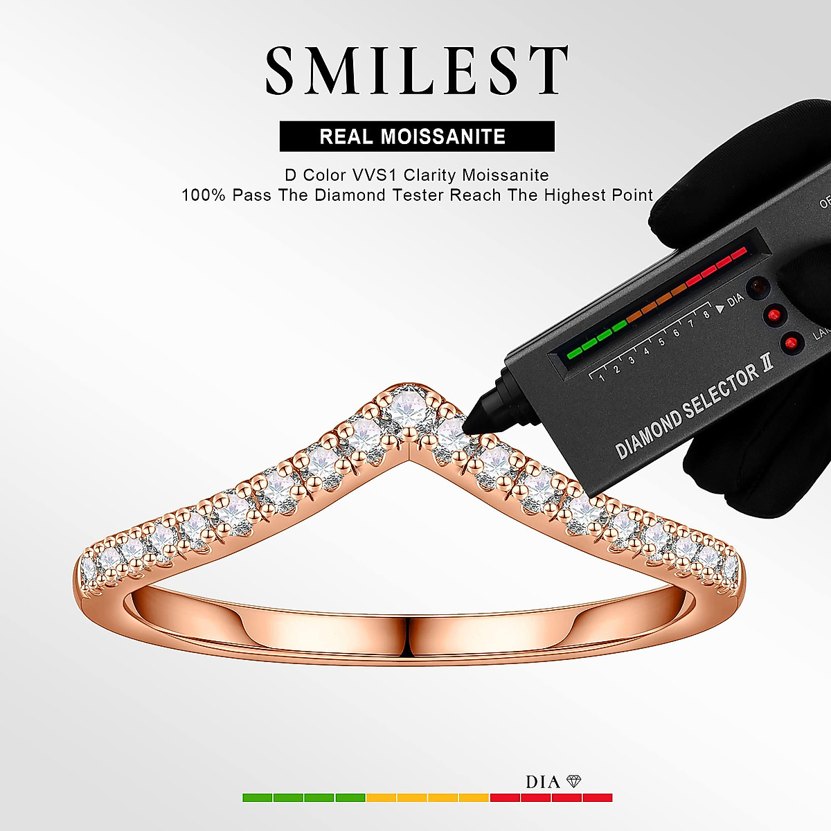 SMILEST Moissanite Eternity Ring for Women, D Color VVS1 Clarity Lab Created Diamond Wedding Band 14K Rose Gold Plated 925 Sterling Silver Wishbone Stackable Rings Moissanite Wedding Band for Women