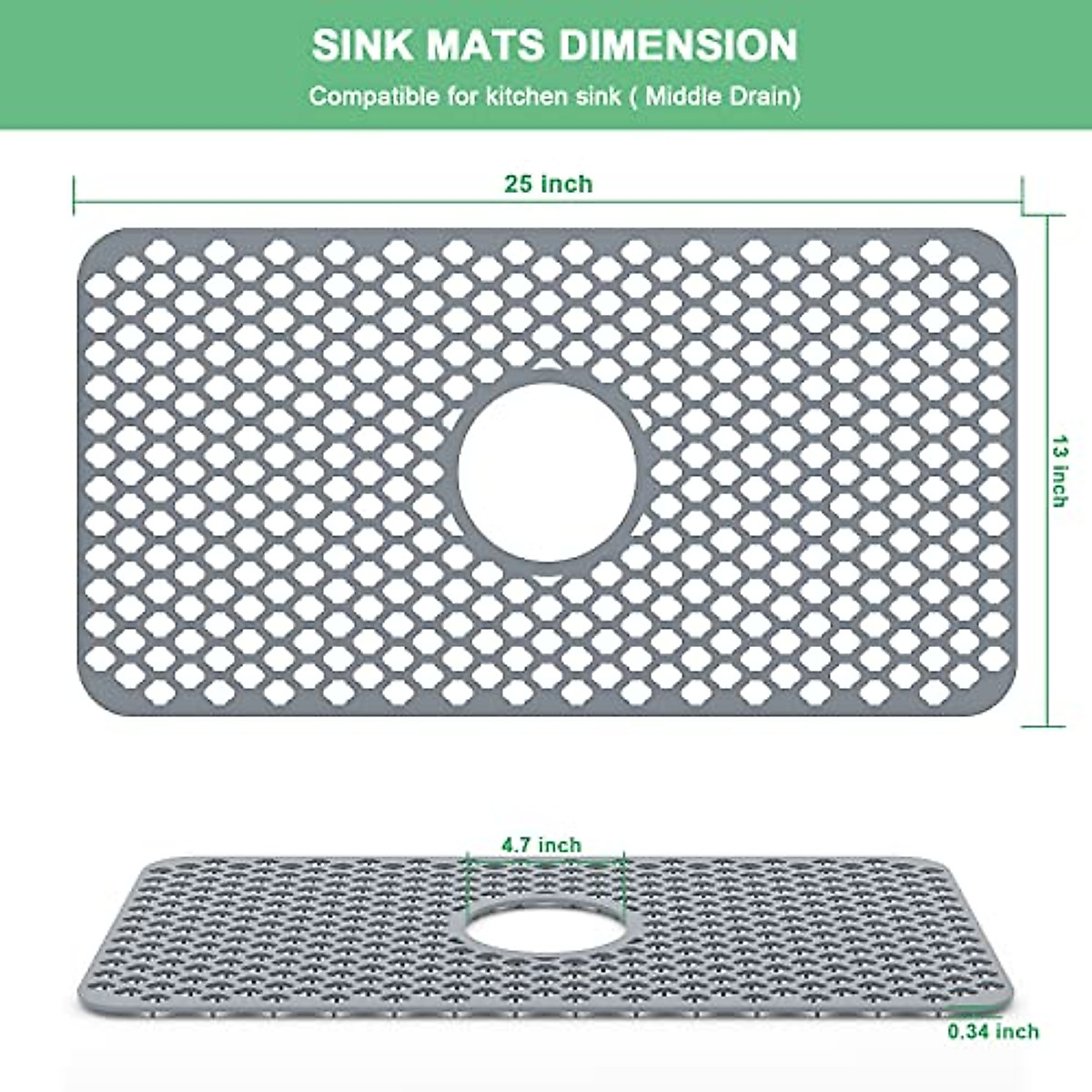 Silicone Sink Protector- Sarlai 25"x13" Center Drain Kitchen Sink Mats Grid Folding Non-slip Sink Mat for Bottom of Ceramic Porcelain Fireclay Farmhouse Sink (Grey)