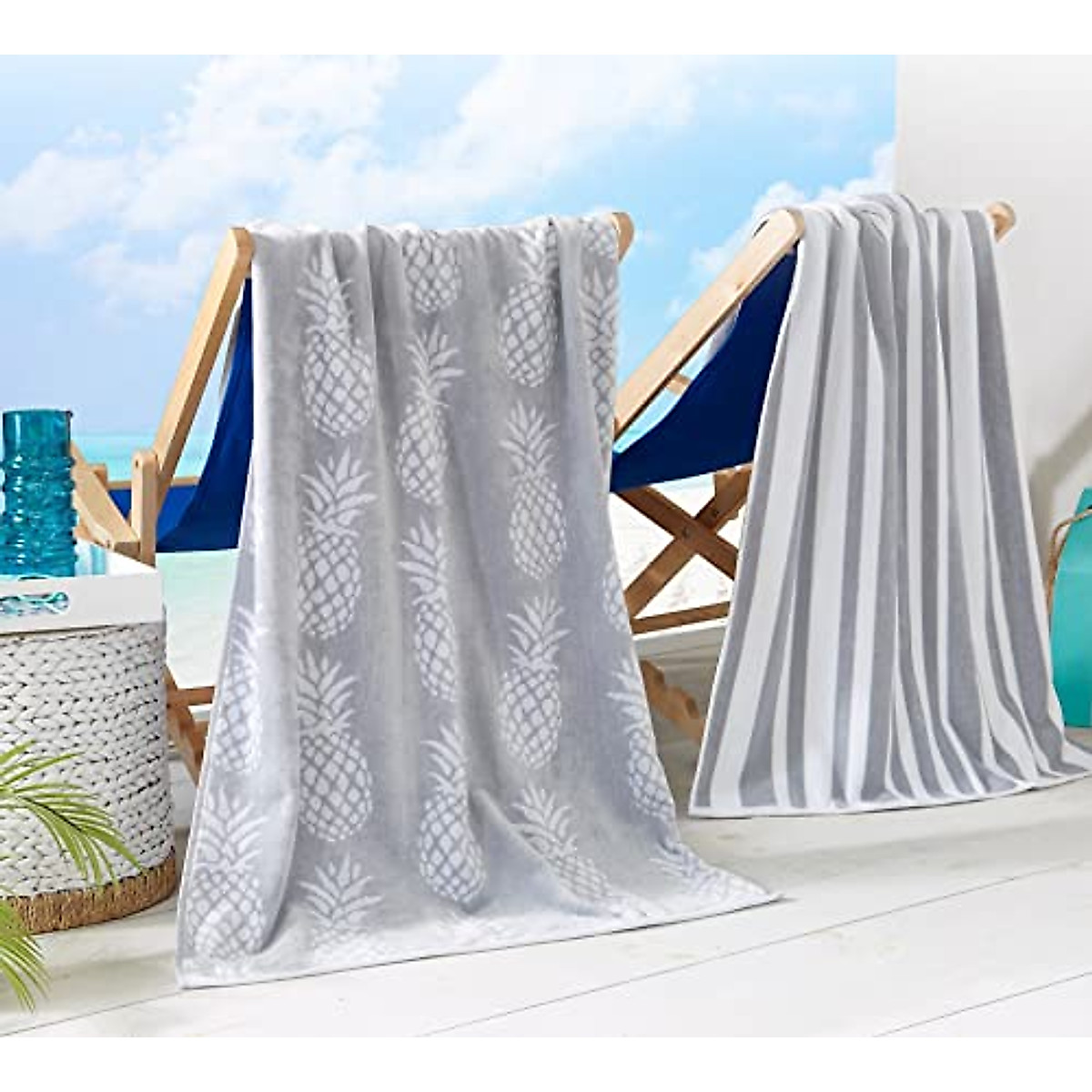 Great Bay Home Large Beach Towel Set of 2 - Pineapple and Striped Beach Towels for Adults and Velour Pool Towels 100% Cotton - Lightweight Quick Dry Beach Towel Pack - Beach Towel for Travel