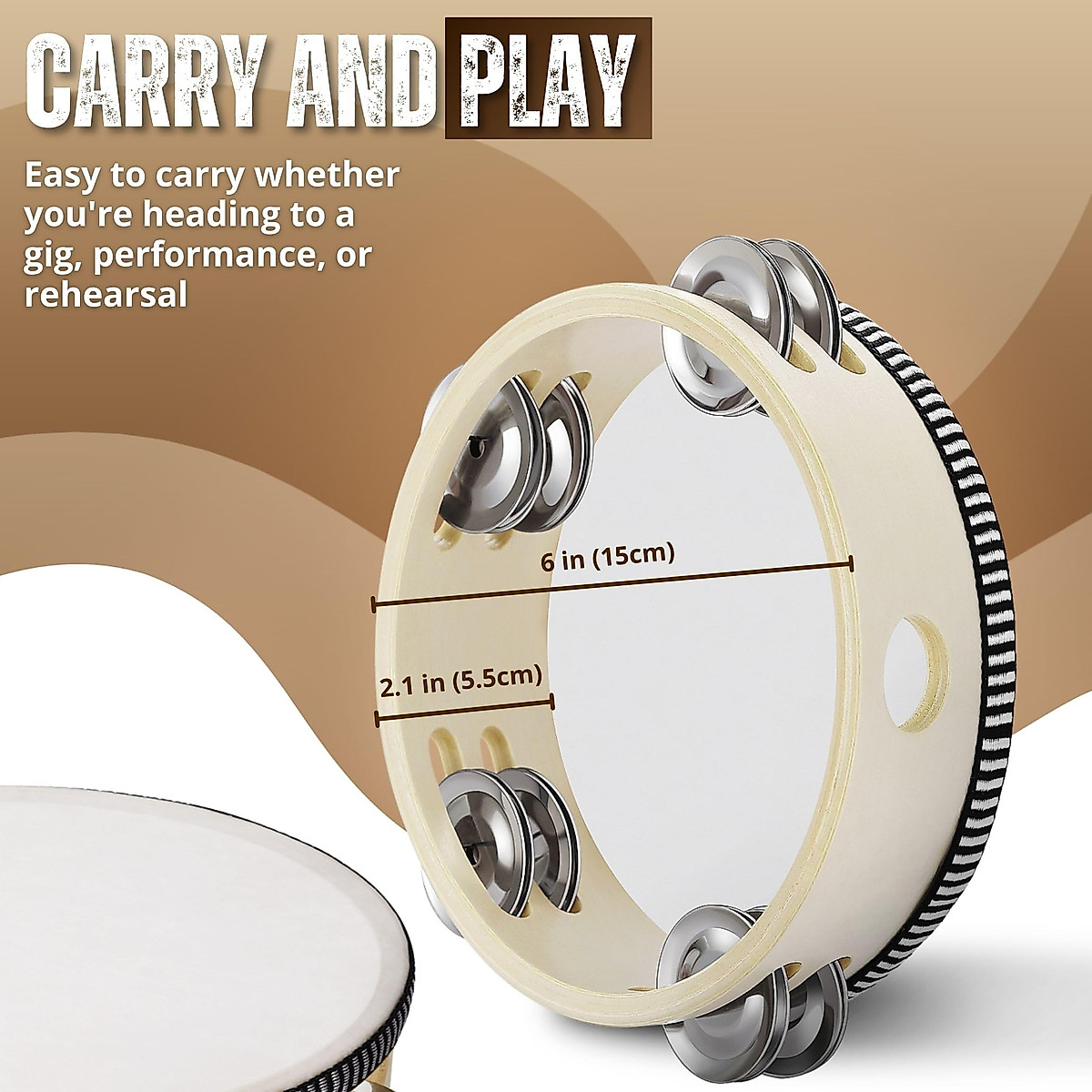 Flexzion Wood Handheld Tambourine Adults 6-Inch Double Row 8-Pair Jingles (Wood) - Percussion Round Tamborines Musical Instrument with Metal Zills