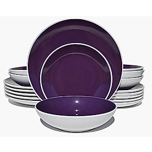 HomeVss Stoneware Coupe 18pc Dinner Set, Outside White + Inside Purple