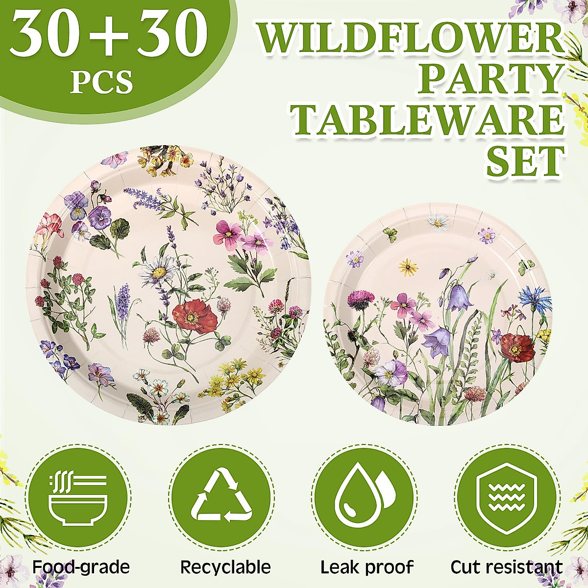 Pickmesh 60 Pcs Wildflower Paper Plates 9 in and 7 in Wild Floral Dinner Plates Watercolor Floral Dessert Plates Wildflower Party Plates for Garden Tea Party Wedding Birthday Baby Shower Bridal Shower