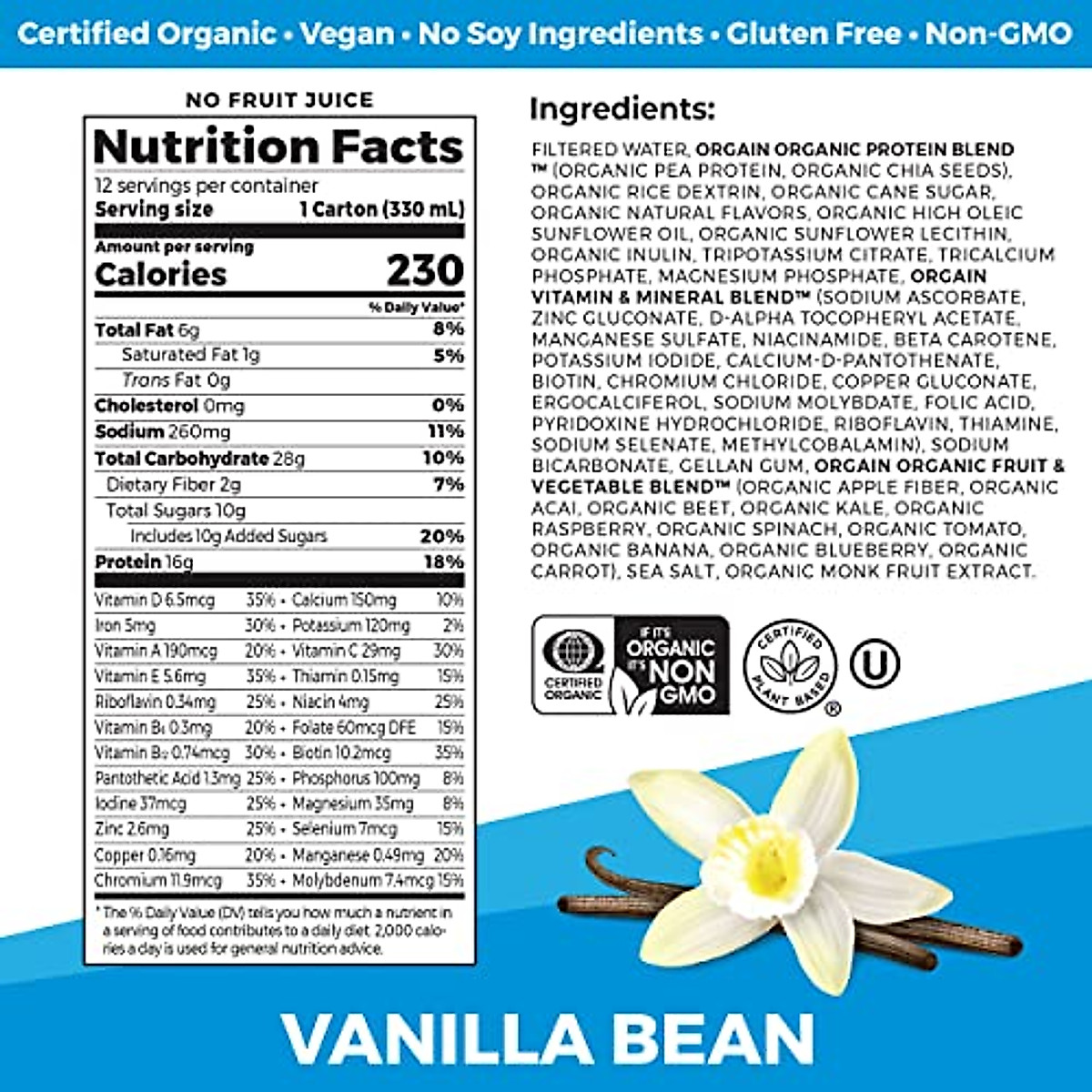 Orgain Organic Vegan Plant Based Nutritional Shake, Vanilla Bean - Meal Replacement, 16g Protein, 21 Vitamins & Minerals, Non Dairy, Gluten Free, Lactose Free, Kosher, Non-GMO, 11 Fl Oz (Pack of 12)