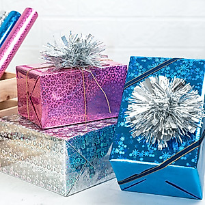 LeZakaa Holographic Foil Wrapping Paper - Mini Roll - Pink Heart/Blue and Silver Flower Design for Birthday, Wedding, Bridal Shower - 17 x 120 inches - 3 Rolls (42.5 sq.ft.ttl.)