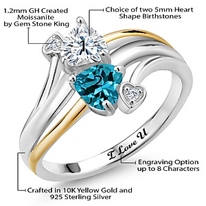 Gem Stone King 925 Sterling Silver and 10K Yellow Gold Customized and Personalized 2-Stone Heart Shape Gemstone Birthstone and White Moissanite Ring For Women (Size 8)