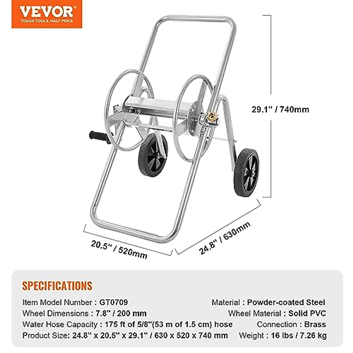 VEVOR Hose Reel Cart - Mobile Heavy Duty Steel Garden Tool Cart with Wheels, Holds up to 175 ft of 5/8'' Hose