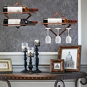 2Pcs Metal Wall Mounted Wine Holder Stemware Glass Rack, Collapsible Hanging Red Wine Racks Organizer with 3 Stem Glass Holders, Wine Bottle Display Hanger for Home Kitchen Bar Decor