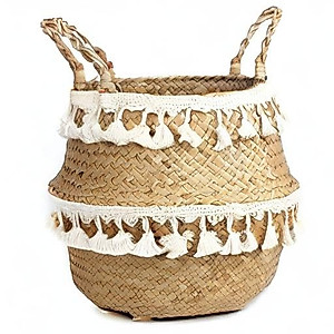 BlueMake Tassel Macrame Woven Seagrass Belly Basket for Storage, Decoration, Laundry, Picnic, Plant Basin Cover, Groceries and Toy Storage (Large, Tassel)