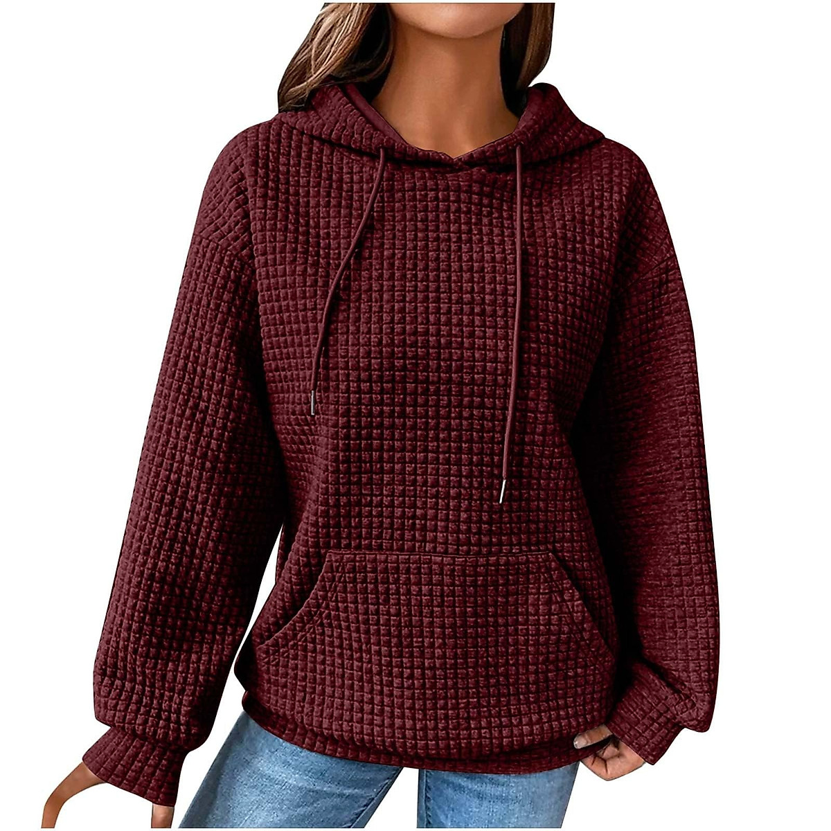 Dlongni Waffle Hoodies for Women Cute Drop Shoulder Knit Oversized Sweatshirt with Pocket Long Sleeve Drawstring Hooded Pullover
