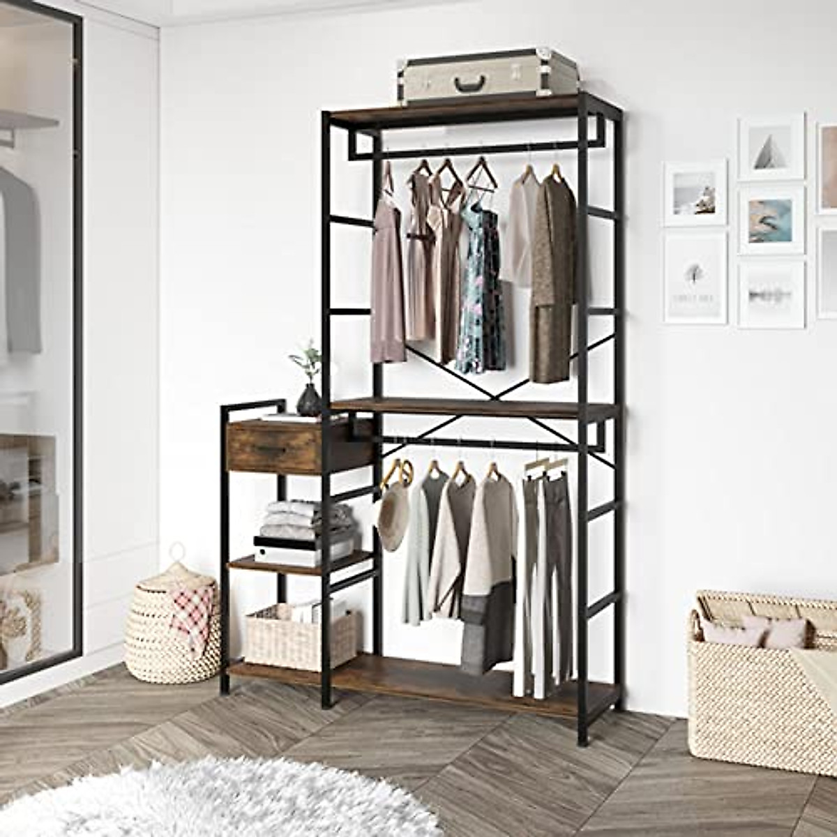 HAGAZU Standing Closet Clothing Rack, Open Wardrobe,Metal Closet Organizer System with Shelves and Hooks for Bedroom, Laundry, Walk-in Closet