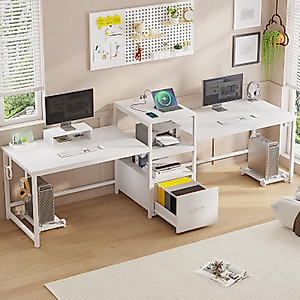 SEDETA 98" Home Office Desk, White Computer Desk with Letter/A4 File Drawer & Power Strip with USB, 2 Person Long Desk with Storage, Printer Shelf & Monitor Stand for Home Office, White