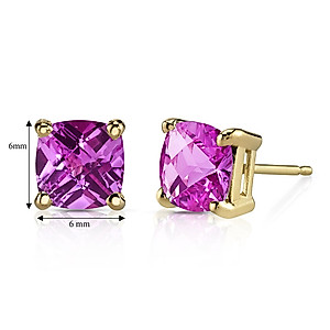 Peora Solid 14K Yellow Gold Created Pink Sapphire Stud Earrings for Women, Classic Solitaire, Hypoallergenic Cushion Cut 6mm, 2.50 Carats total, Friction Back