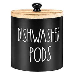 Dishwasher Pod Holder with Lid Stylish Dishwasher Tablet Container Wide Opening Dishwasher Pod Storage Round Shape Dishwasher Pod Canister Dishwasher Pod Organizer for Home Kitchens (Black)
