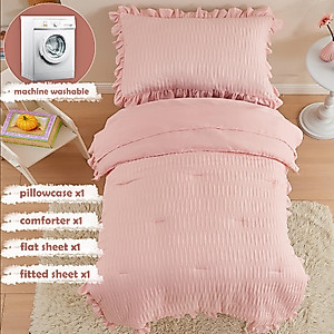 Cozyholy 4 Piece Textured Seersucker Toddler Bedding Set Girls Crib Sheets Set Pink Ruffle Baby Bed Comforter Set Lightweight Bed in a Bag | Include Comforter, Flat Sheet, Fitted Sheet, Pillowcase