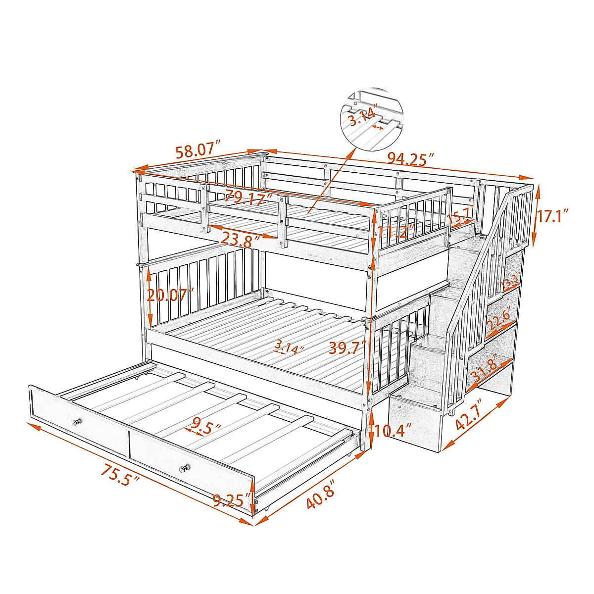 Full Over Full Bunk Beds with Stairs and Trundle Wood Bunk Bed Frame with Staircase and Storage Shelves for Kids Teens Adult, Detachable Stairway Bunkbed for Boys Girls, Gray