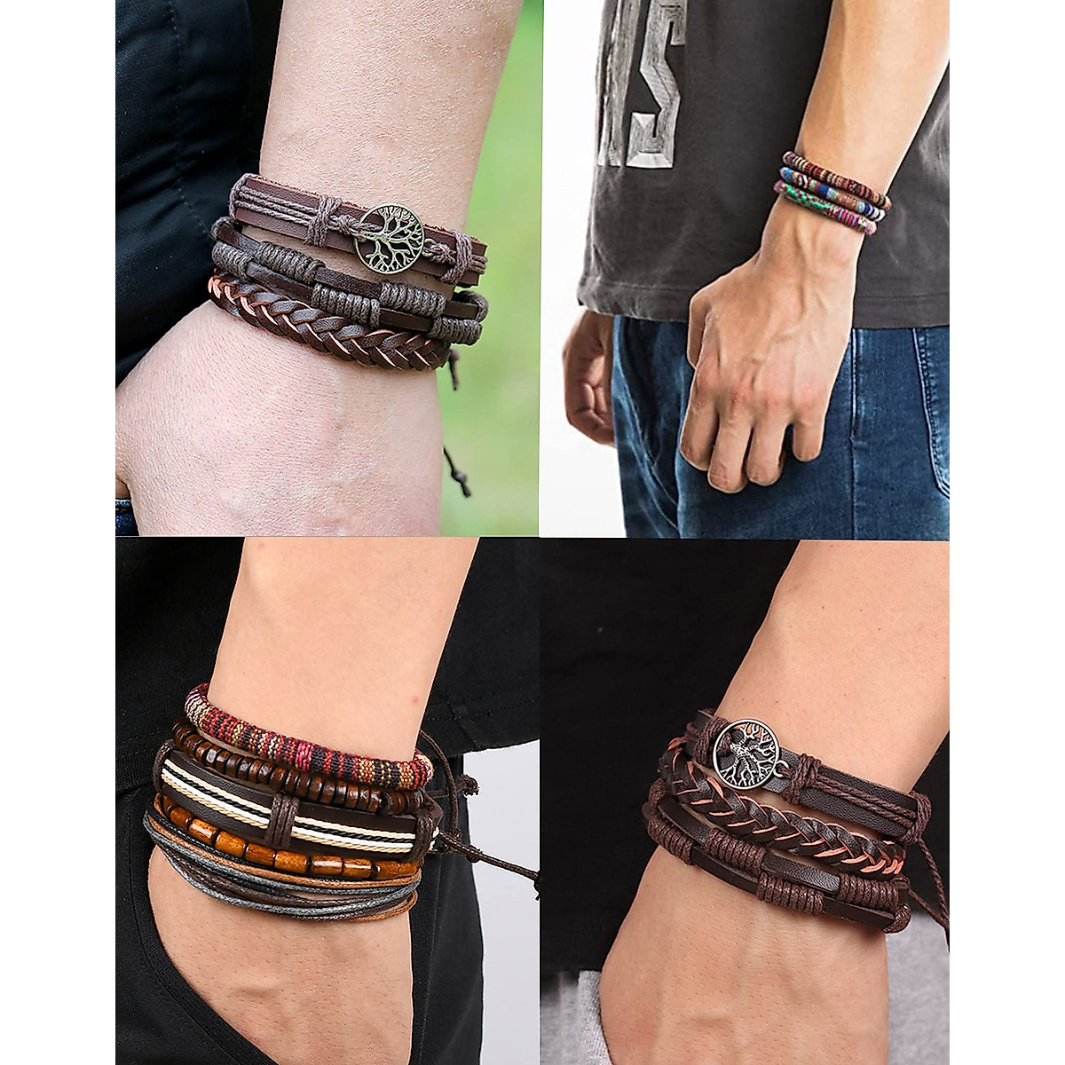 Tornito 15Pcs Braided Leather Bracelet String Wood Bead Woven Ethnic Boho Cuff Wrap Stretch Wristbands Bracelets Set for Men Women Size Adjustable