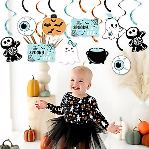 K KUMEED Halloween Birthday Party Decorations,20 PCS Blue The Spooky One Hanging Swirl Decorations,Cute Ghost Eyeballs Pumpkin for Outdoor Indoor Halloween 1st Birthday Boys First Birthday