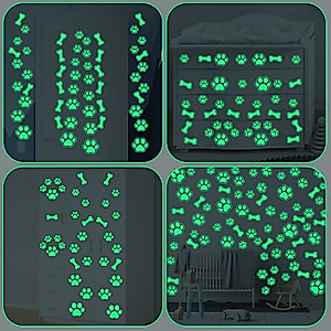 127 Pcs Dog Paw Print Stickers Glow in The Dark Wall Decals Dog Paw Print Wall Decor Dog Wall Stickers Decals Luminous Removable Vinyl Dog Paw Bone Wall Decals for Kids Nursery Bedroom (Green Light)