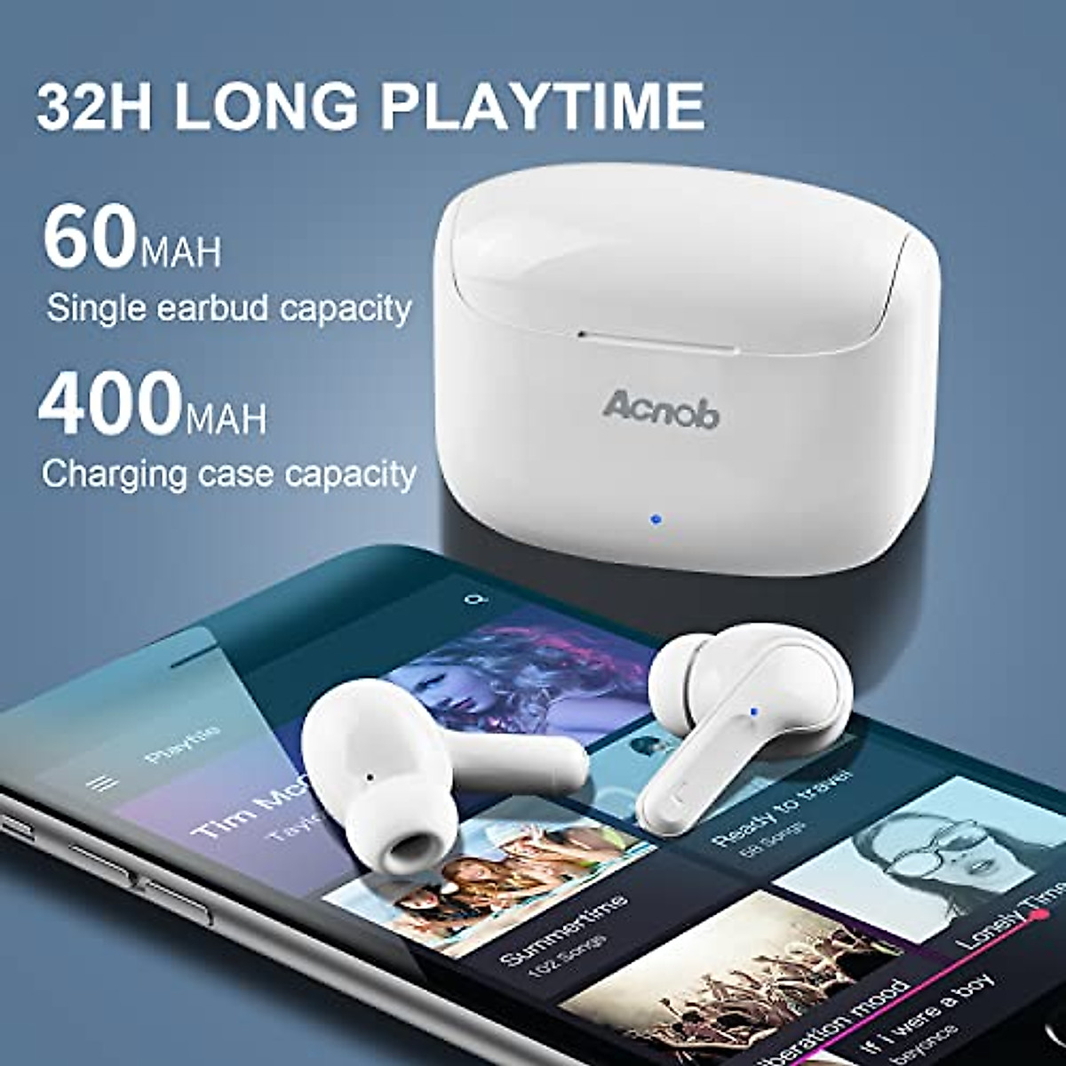 Acnob Ear Buds Wireless Bluetooth Earbuds 5.0 IPX6 Waterproof 32 Hours Playtime Headphones with Wireless Charging Case & Built in Mic TWS HiFi Bass Stereo Earphones for iPhone & Android,White