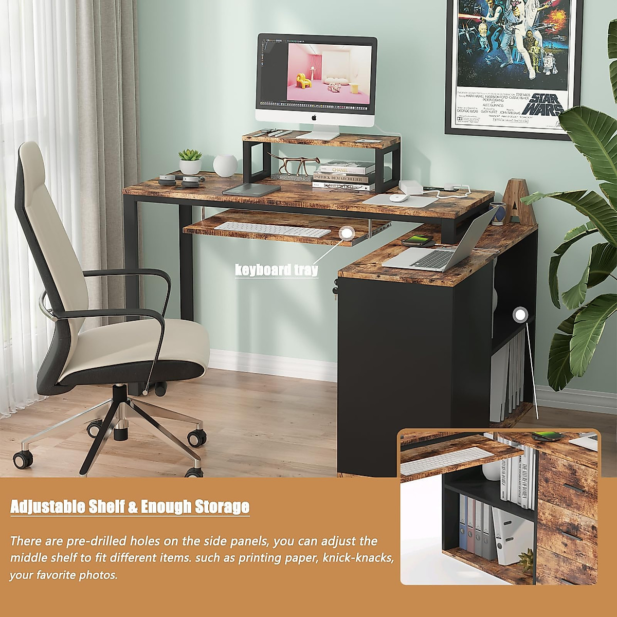 Hsozptry L Shaped Desk with Power Outlet & Drawers, Reversible Corner Computer Desk with Keyboard Tray, Monitor Stand & Storage Shelve, Large Home Office Desk, Rustic Brown