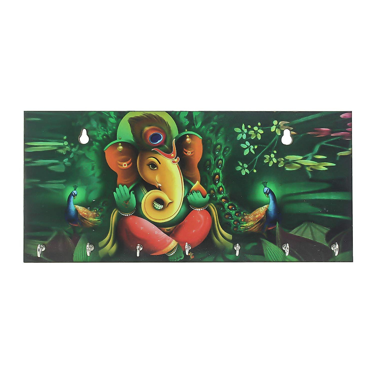 eCraftIndia Lord Ganesha with Peacocks Design Wooden Key Holder with 7 Hooks for Wall Decor and Organization - Ideal for Home, Kitchen, Hallway, Bedroom, Living Room, Office - Housewarming Gift