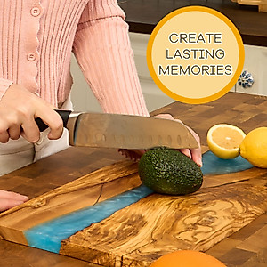 Greenmemo Italian Olive Wood luxury Cheese board with Resin, Charcuterie board, Chopping and Cutting Board for Meat Vegetable & Fruit, Wooden Epoxy Serving Board (Blue And White Gradient)