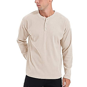 QUALFORT Men's Waffle Henley Shirt Lightweight Long Sleeve Classic Stitch Pullover Sweater Beige Large