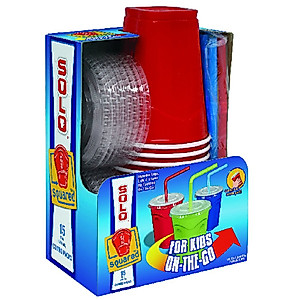 Solo 9 Oz Plastic Cup, Lid, & Straw Combo Pack, 15 Cups (Red)