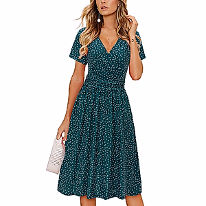 OUGES Women's 2025 Summer Short Sleeve V-Neck Floral Short Party Dress with Pockets(Green Polka Dot,S)