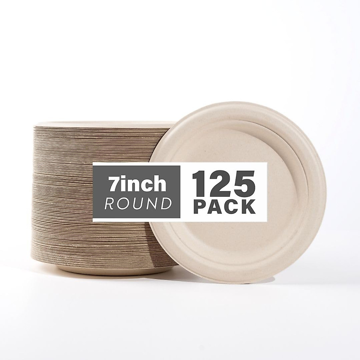 COMPOSTABLE 7 inch [125 pack] PLATES Biodegradable Disposable Party Plates for Weddings, Birthday, Picnic, Camping, Household, Kids, Corporate and more