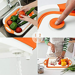 Rottogoon Collapsible Cutting Board, Foldable Chopping Board with Colander, Multifunctional Kitchen Vegetable Washing Basket Silicone Dish Tub for BBQ Prep/Picnic/Camping(Orange)