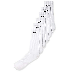 NIKE Dri-Fit Classic Cushioned Crew Socks 6 PAIR White with Black Swoosh Logo) LARGE 8-12